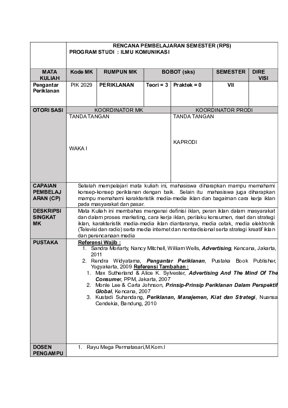 (PDF) RENCANA PEMBELAJARAN SEMESTER (RPS) PROGRAM STUDI : ILMU KOMUNIKASI MATA KULIAH Kode MK ...