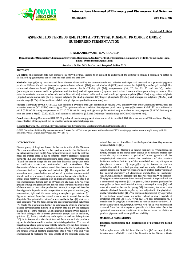 (PDF) ASPERGILLUS TERREUS KMBF1501 A POTENTIAL PIGMENT PRODUCER UNDER ...