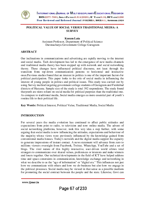 (PDF) POLITICAL VALUE OF SOCIAL VERSUS TRADITIONAL MEDIA: A SURVEY