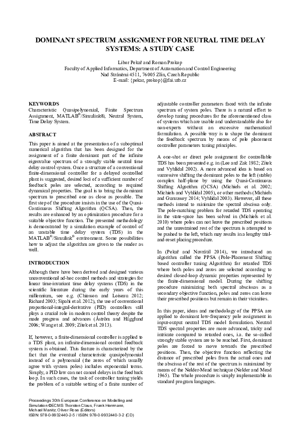 (PDF) Dominant Spectrum Assignment For Neutral Time Delay Systems: A Study Case