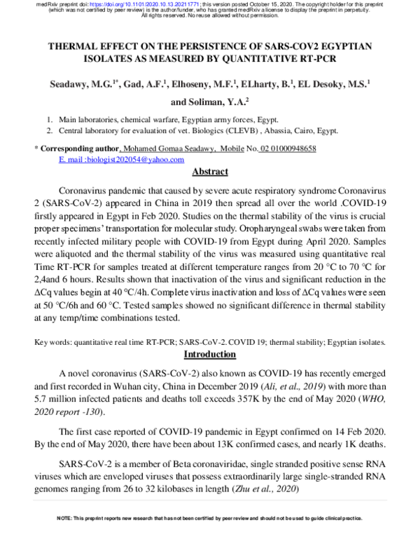 (PDF) Thermal Effect On The Persistence Of SARS-CoV2 Egyptian Isolates ...