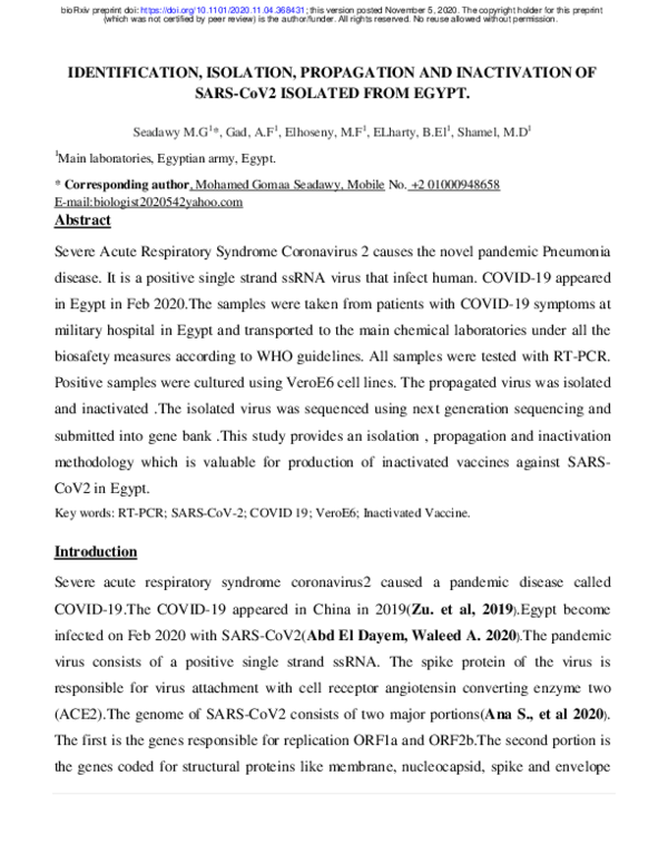 (PDF) Identification, Isolation, Propagation and Inactivation of SARS ...