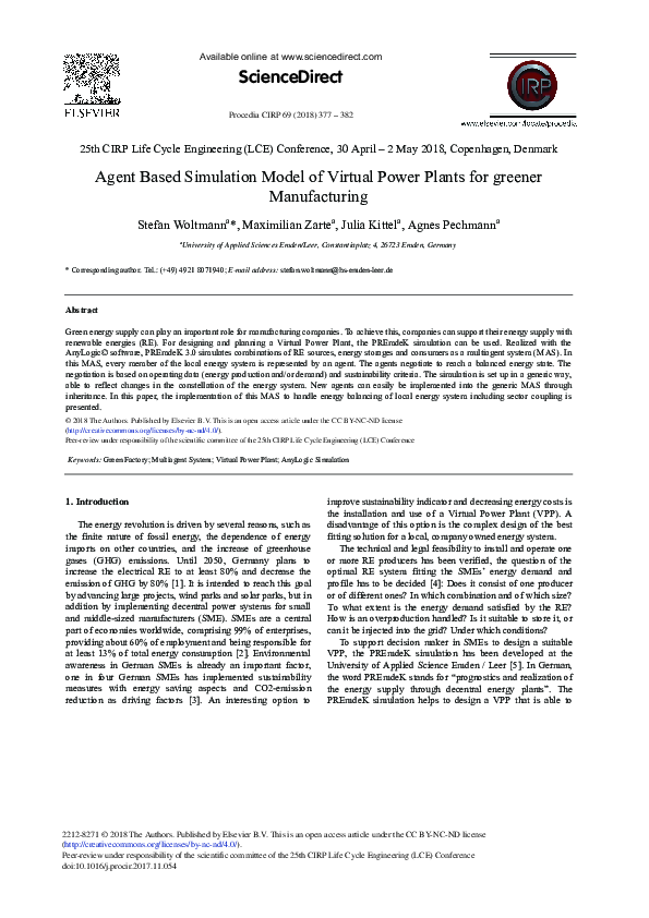 (PDF) Agent Based Simulation Model of Virtual Power Plants for Greener Manufacturing