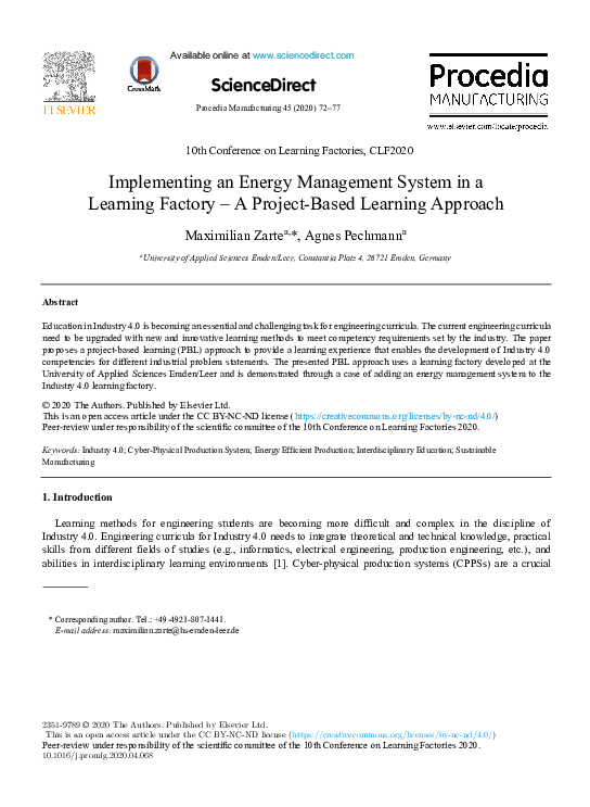 (PDF) Implementing an Energy Management System in a Learning Factory – A Project-Based Learning ...
