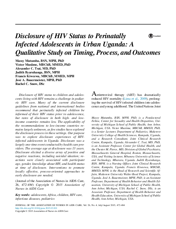 (PDF) Disclosure of HIV Status to Perinatally Infected Adolescents in ...