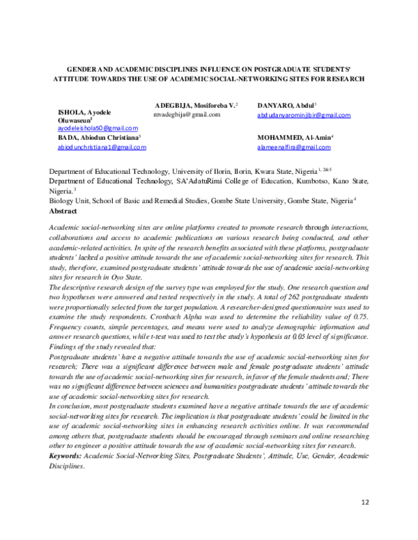 (PDF) GENDER AND ACADEMIC DISCIPLINES INFLUENCE ON POSTGRADUATE ...