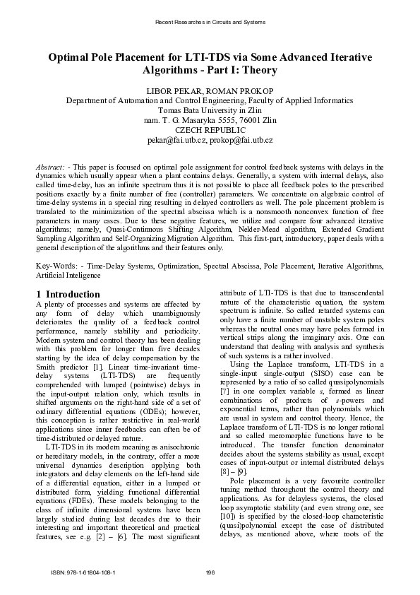 Pdf Optimal Pole Placement For Lti Tds Via Some Advanced Iterative Algorithms Part I Theory 5254