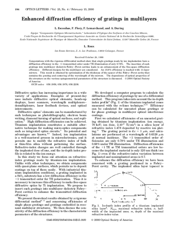 Pdf Enhanced Diffraction Efficiency Of Gratings In Multilayers