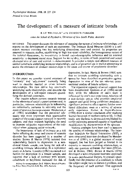 (PDF) The development of a measure of intimate bonds
