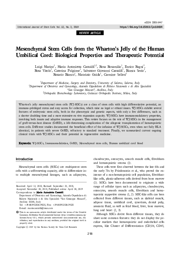 (PDF) Mesenchymal Stem Cells from the Wharton’s Jelly of the Human Umbilical Cord: Biological ...