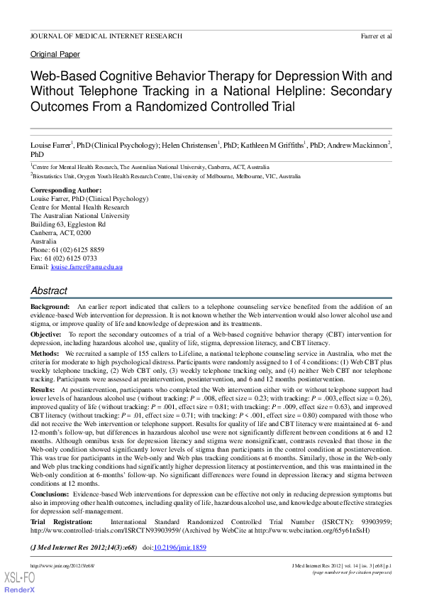 (PDF) Web-Based Cognitive Behavior Therapy for Depression With and Without Telephone Tracking in ...