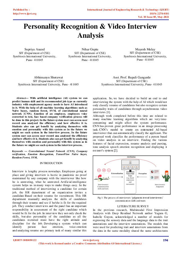 (PDF) Personality Recognition & Video Interview Analysis