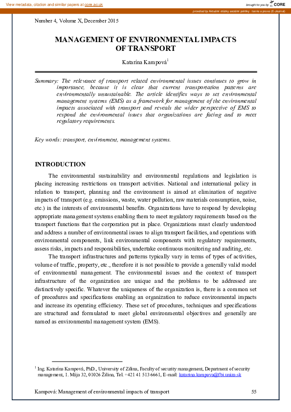 (PDF) Management of Environmental Impacts of Transport