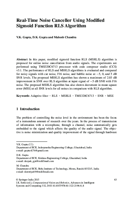 Pdf Real Time Noise Canceller Using Modified Sigmoid Function Rls Algorithm Dr Deepak Gupta 7885