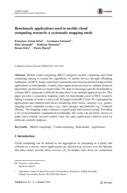 (PDF) Benchmark applications used in mobile cloud computing research: a systematic mapping study