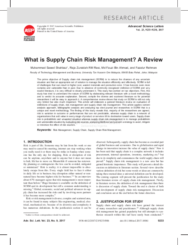 (PDF) What is Supply Chain Risk Management? A Review