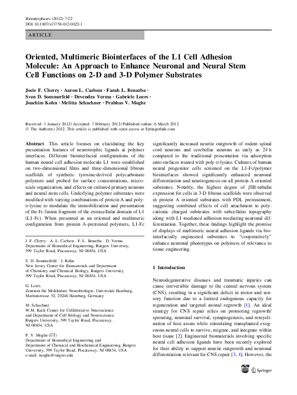 (PDF) Oriented, Multimeric Biointerfaces of the L1 Cell Adhesion ...