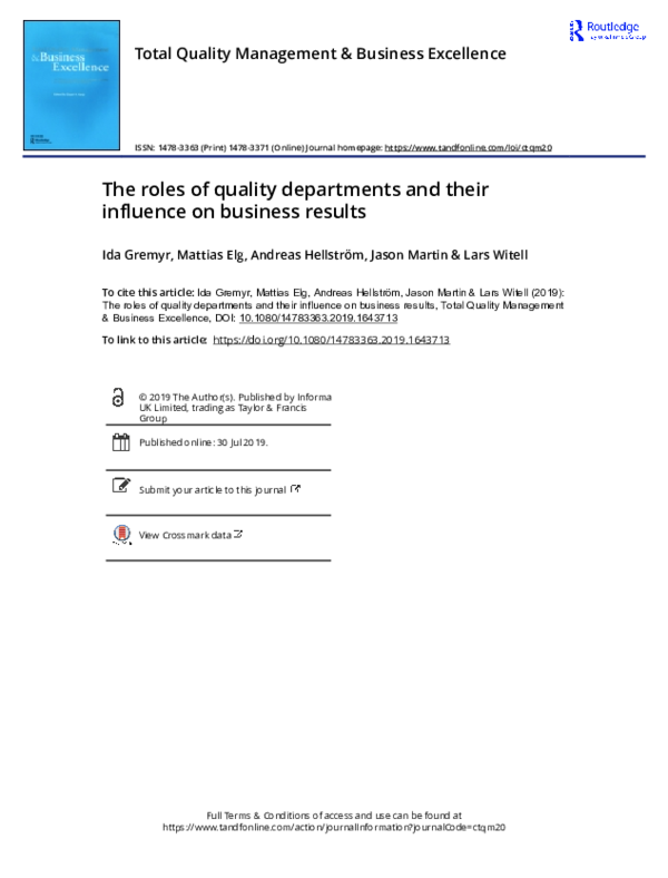 (PDF) The roles of quality departments and their influence on business ...