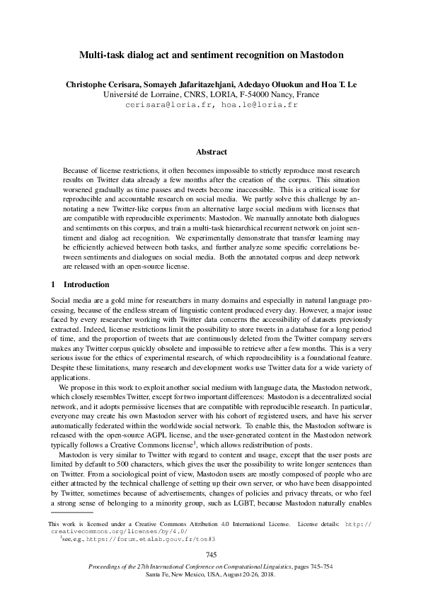 (PDF) Multi-task dialog act and sentiment recognition on Mastodon