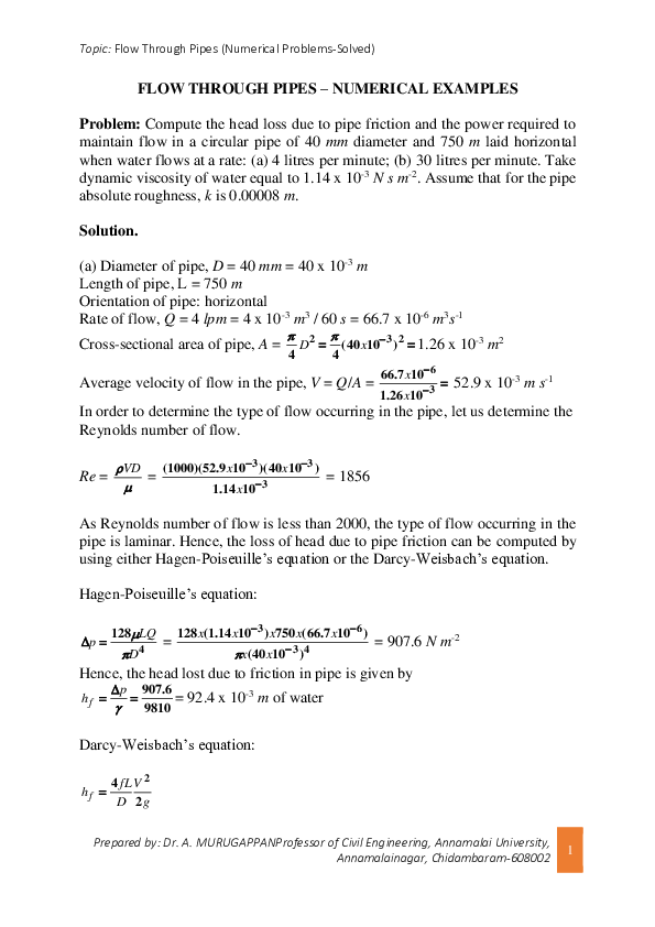 (PDF) Flow Through Pipes Numerical Problems Solved (PDF) Flow Through Pipes Numerical Problems Solved