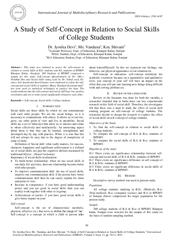 (PDF) A Study of Self-Concept in Relation to Social Skills of College Students