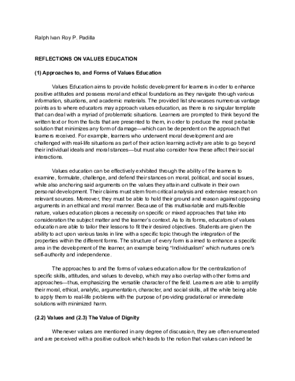 (PDF) Reflections on Values Education