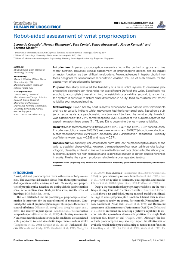 (PDF) Robot-Aided Assessment of Wrist Proprioception
