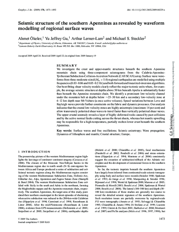 (PDF) Seismic structure of the southern Apennines as revealed by ...
