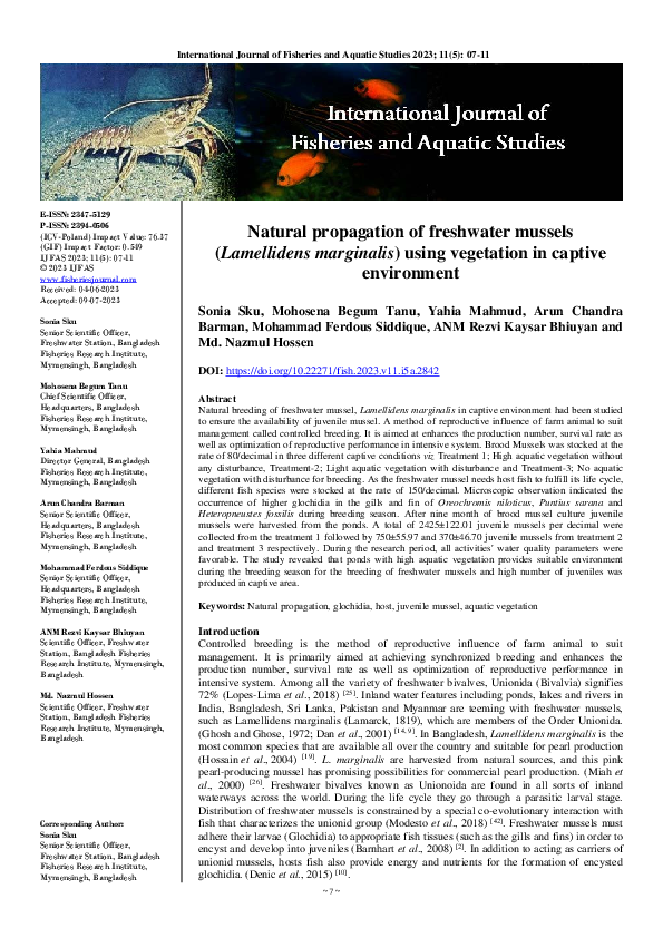 (PDF) Natural propagation of freshwater mussels (Lamellidens marginalis ...