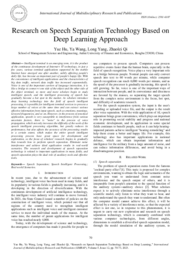 (PDF) Research on Speech Separation Technology Based on Deep Learning Approach