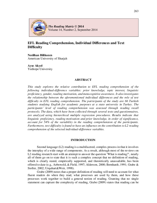 (PDF) EFL Reading Comprehension, Individual Differences and Text Difficulty