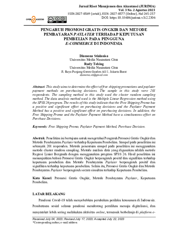 (PDF) Pengaruh Promosi Gratis Ongkir Dan Metode Pembayaran Paylater Terhadap Keputusan Pembelian ...