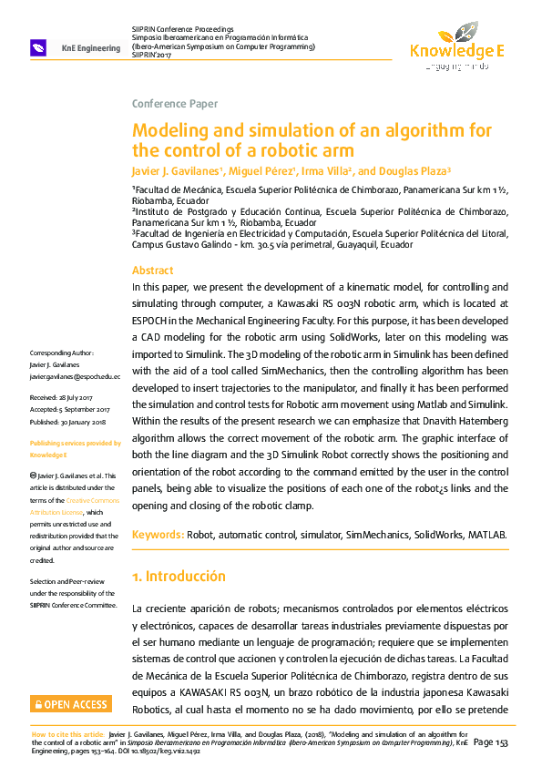 (PDF) Modeling and simulation of an algorithm for the control of a robotic arm | Javier ...