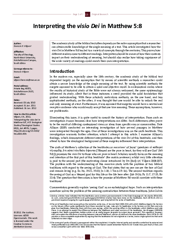 (PDF) Interpreting the visio Dei in Matthew 5:8