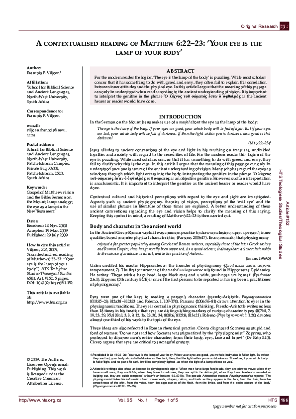 (PDF) A contextualised reading of Matthew 6:22–23: ‘Your eye is the ...