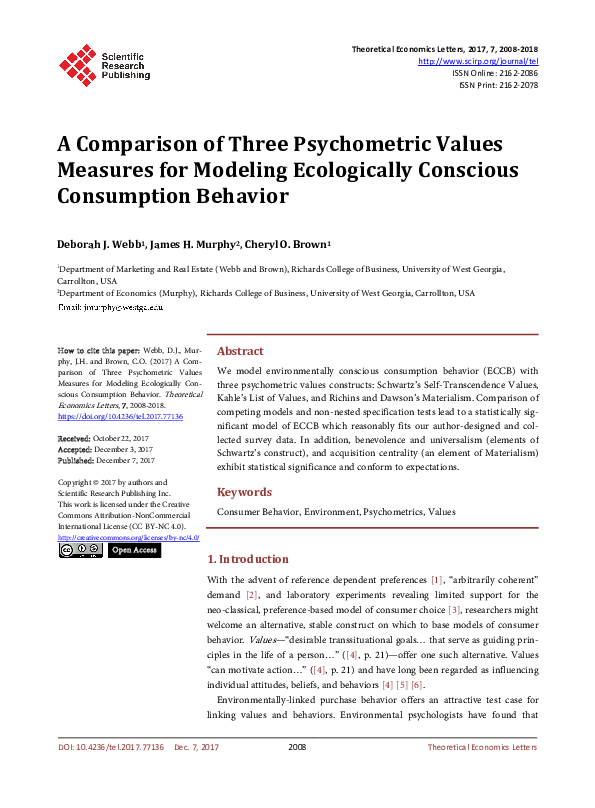 (PDF) A Comparison of Three Psychometric Values Measures for Modeling Ecologically Conscious ...