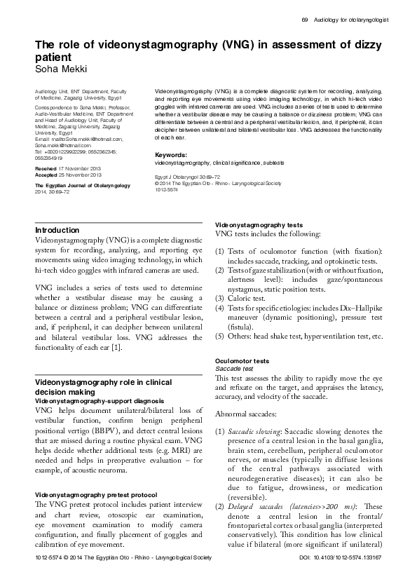 (PDF) The role of videonystagmography (VNG) in assessment of dizzy patient