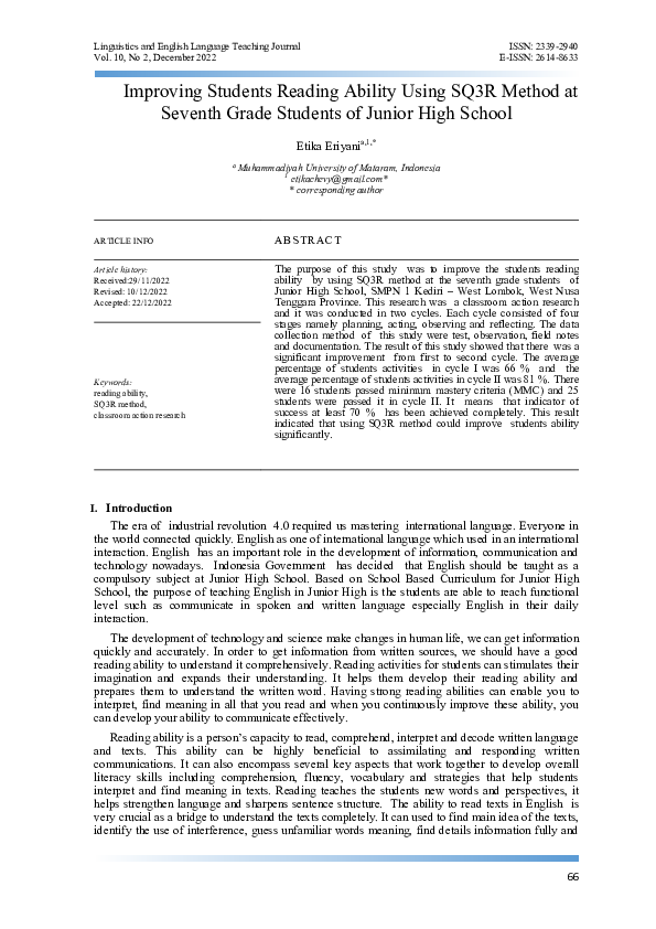 (PDF) Improving Students Reading Ability Using SQ3R Method