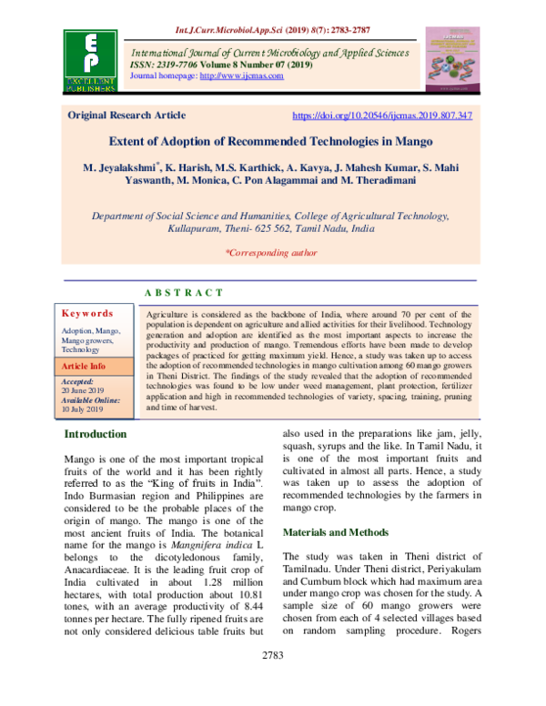(PDF) Extent of Adoption of Recommended Technologies in Mango
