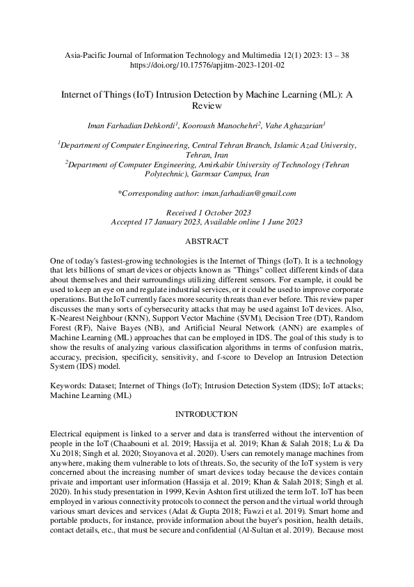Pdf Internet Of Things Iot Intrusion Detection By Machine Learning Ml A Review