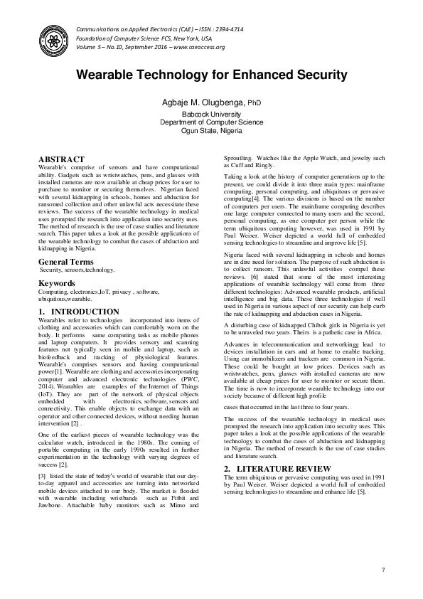 (PDF) Wearable Technology for Enhanced Security