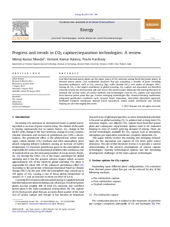 (PDF) Progress and trends in CO2 capture/separation technologies: A review
