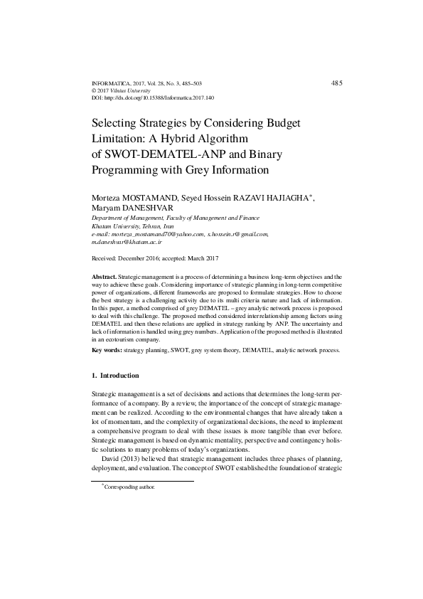 (PDF) Selecting Strategies by Considering Budget Limitation: A Hybrid ...