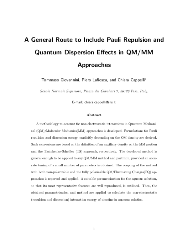 (PDF) A General Route to Include Pauli Repulsion and Quantum Dispersion Effects in QM/MM Approaches