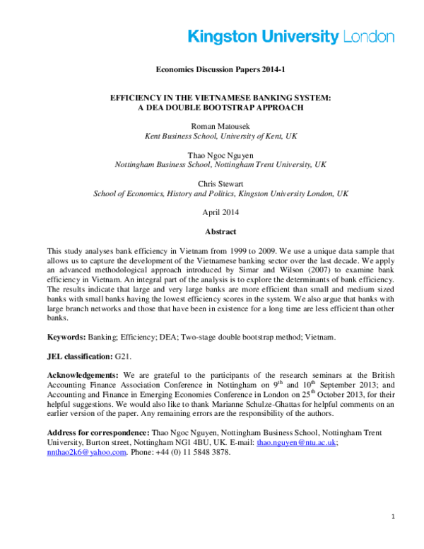 Pdf Efficiency In The Vietnamese Banking System A Dea Double Bootstrap Approach