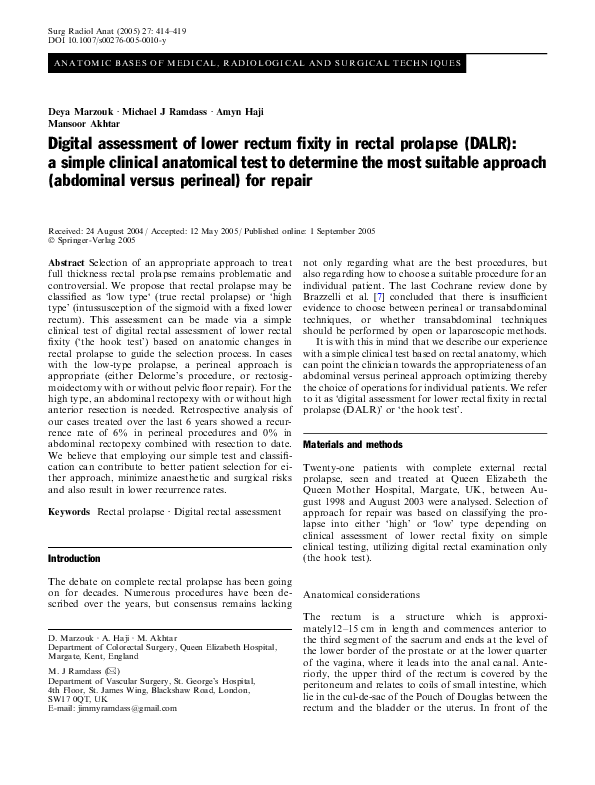 (PDF) Digital assessment of lower rectum fixity in rectal prolapse ...