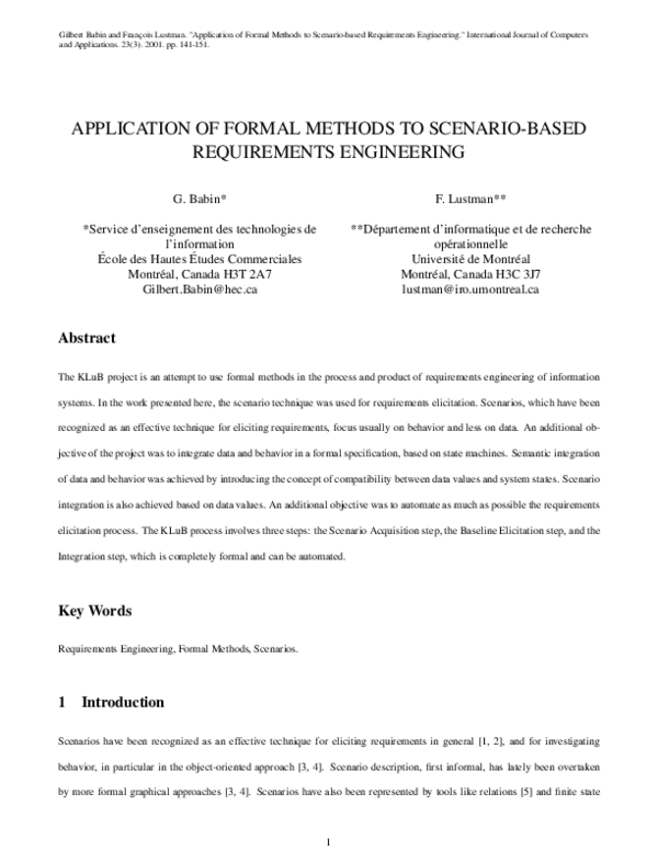 (PDF) Application of Formal Methods to Scenario-Based Requirements Engineering | G. Babin ...
