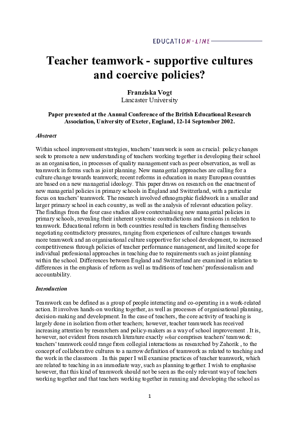 (PDF) Teacher teamwork - supportive cultures and coercive policies?