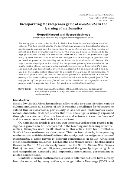 (PDF) Incorporating the indigenous game of morabaraba in the learning ...