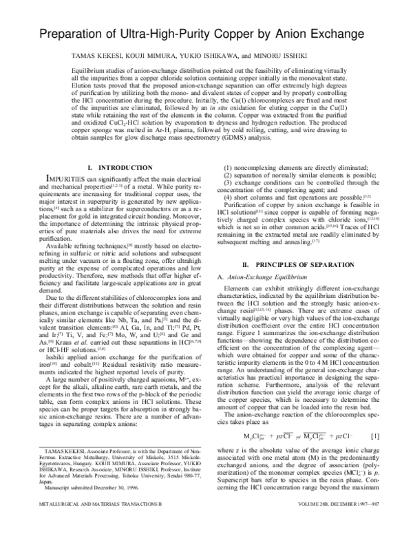 (PDF) Preparation of ultra-high-purity copper by anion exchange